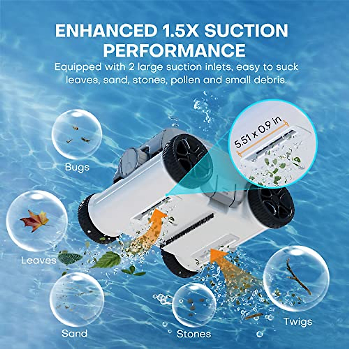 Ofuzzi Cyber 1200 Cordless Robotic Pool Cleaner, Max.120 Mins Runtime, 3H Fast Charge, 1.5X Suction Power Automatic Pool Vacuum for Above/In Ground Pools Up to 1076ft² of Flat Bottom (Grey)