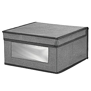 mDesign Medium Fabric Stackable Closet Storage Organizer Box with Front Window/Lid for Bedroom, Office, Mudroom Organization, Hold Clothes, Blankets, Linens, Lido Collection, Dark Gray/Black