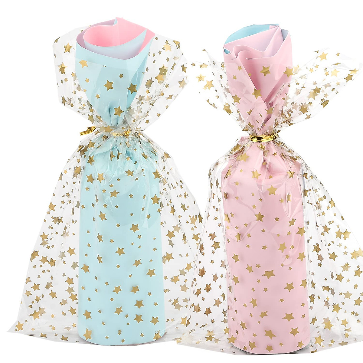COQOFA 100 Pcs Star Printed 5"X 7" Gift Wrap Cello Cellophane Treat Bags Party Favor bags Clear Candy Cookie Bags Plastic Poly Goodie Storage Bags with Twist Ties for Bakery,Birthday, Wedding ,Party Decorations (Gold)