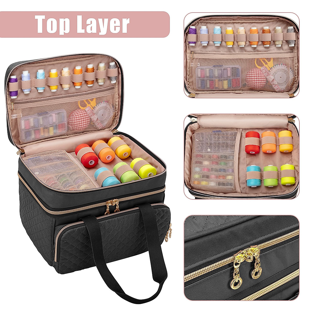 YARWO Double-Layer Sewing Supplies Organizer with 5 Customized Dividers, Portable Sewing Accessories Storage Bag with Multi Pockets for Sewing Kits and Tools, Black (Bag ONLY)