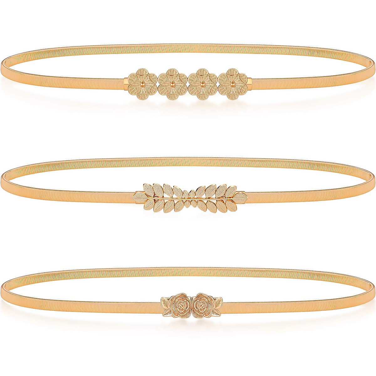 Geyoga 3 Pieces Women Elastic Waist Metal Chain Stretch Metal Dress Belt Skinny Gold Waistband for Women