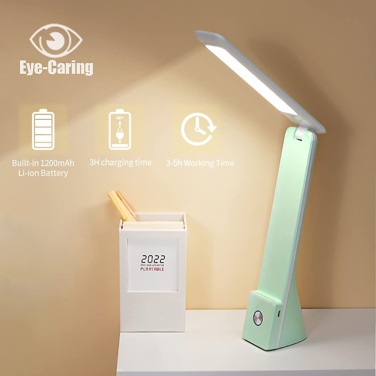 CometMars LED Desk Lamp (Green), Cordless Lamp with 3 Lighting Modes, Rechargeable Reading Lamp with Adjustable Arm, Foldable Eye Caring Table Light for Home Office Study