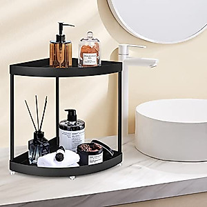 2 Tier Bathroom Countertop Organizer, Corner Storage Shelf Counter Standing Rack Cosmetic Vanity Tray Kitchen Spice Rack, Black