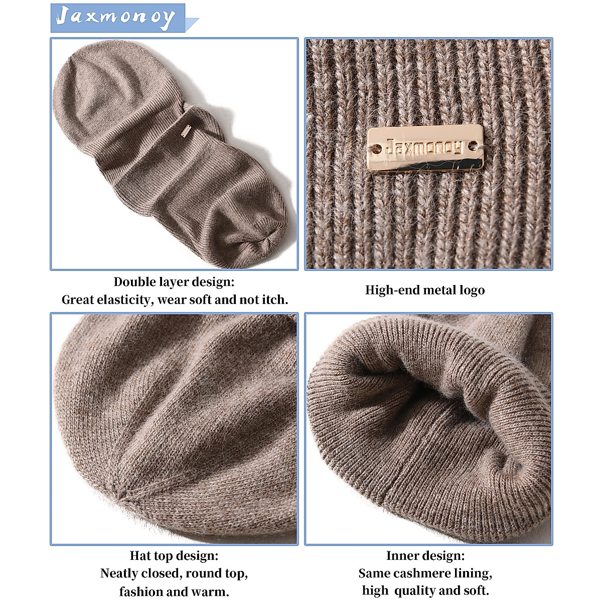 jaxmonoy Knit Beanies Winter Hats for Women and Men Soft Warm Double Layer Ladies Skull Knitted Beanie Caps - Brown