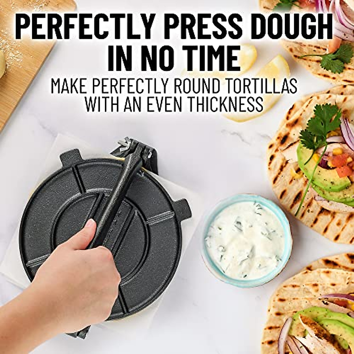 Zulay Cast Iron Tortilla Press 8 Inch - Pre Seasoned with 100 Pieces Parchment Paper - Heavy Duty Roti Maker and Flour Tortilla Press for Quesadilla, Naan, Chapati, Samosa, Poori, Saj Bread, Lahmacun