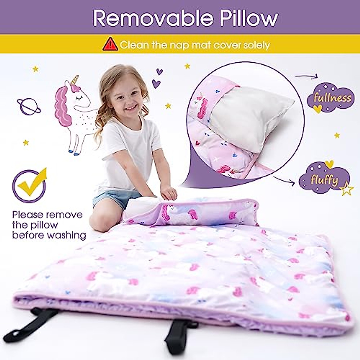 BORPRES Toddler Nap Mat-Nap Mats for Preschool Daycare Boys Girls,Kids Sleeping Mat with Removable Pillow and Blanket,Extra Thick Large Slumber Bag for Travel Camping,Unicorn.