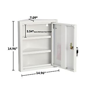 AdirMed Locking Corner Medicine Cabinet, Wall Mounted First Aid Corner Cabinet with Lock, Lockable Corner Wall Medicine Cabinet, 14.96" H x 14.96" W x 7.09" D