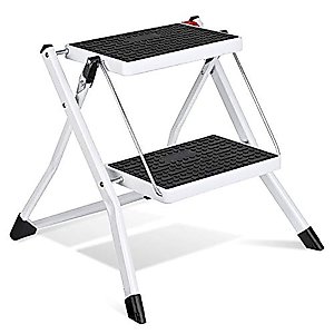 Delxo Step Stool Folding 2 Step Ladder Heavy Duty Steel Sturdy Wide Pedal Lightweight Anti-Slip Portable & Collapsible Two Stool Ladder Kitchen Closet 2 Step Stools for Adults White Stepladder