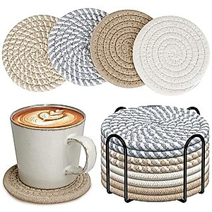 9 PACK Absorbent Coasters for Drinks, 4 Colors Coasters for Coffee Table, Minimalist Cloth Coasters set. Cotton Woven Coasters Set for Home Decor Tabletop Protection Suitable for All Cups(+1PC HOLDER)