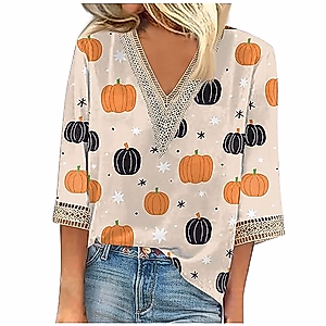 Halloween Costumes for Women Sexy 3/4 Sleeve Tops Scary Cute V Neck Lantern Pumpkin Ghost Loose Fit Soft Comfy Tunic Blouses Trendy Casual Plus Size Vintage Graphic Tee Tshirts(06-Beige,Large)