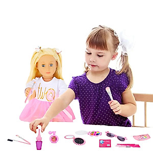 18 Inch American Doll Clothes and Accessories, Travel Play Sets for 18 Inch American Doll Stuff with Doll Clothes, Bag, Travel Pillow, Wallet and Doll Pretend Makeup Girl Toys Gifts