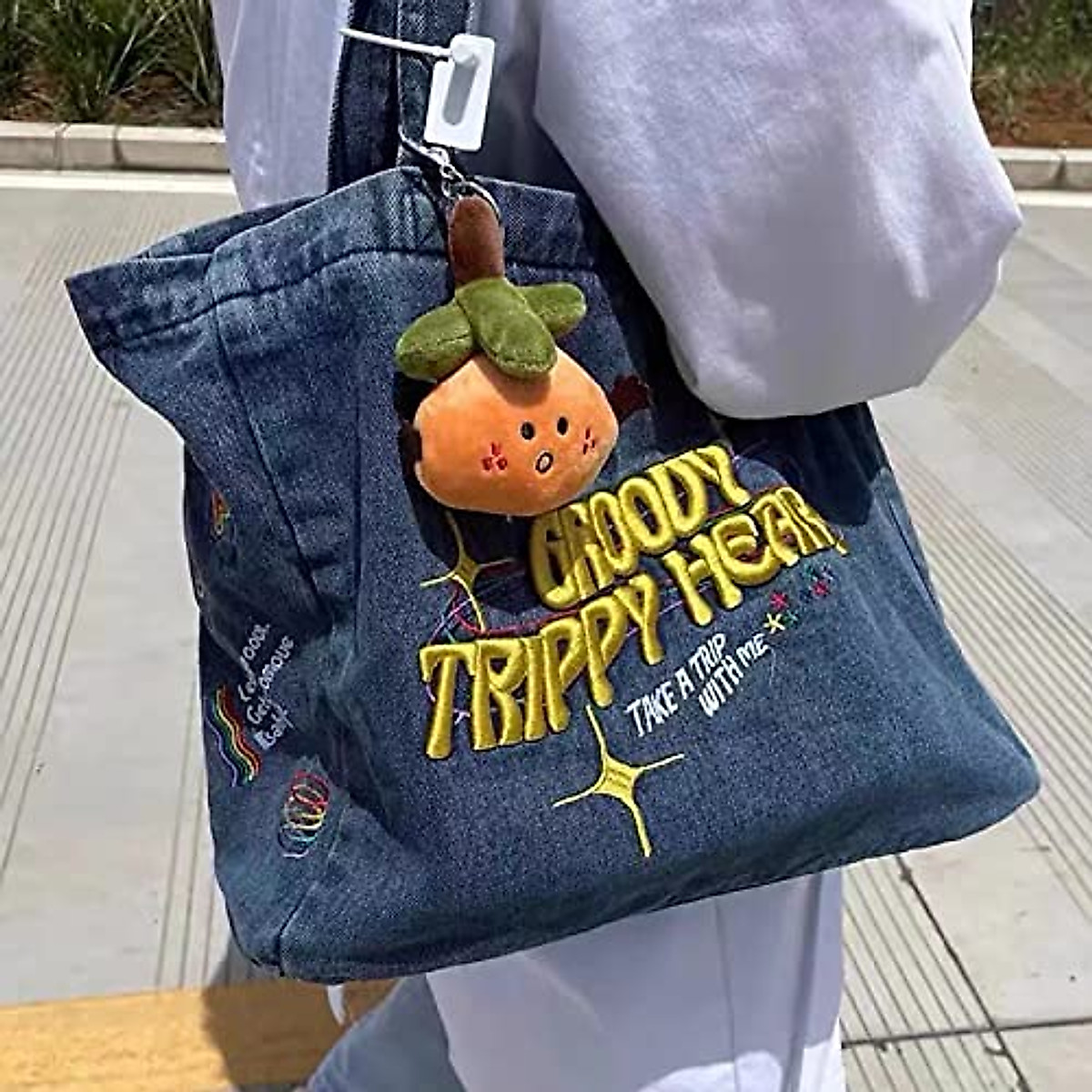 Tote Vintage Denim Embroidery Casual Cool Girl Shoulder Bag Soft Student Large Capacity Shopping Bag Harajuku (blue)