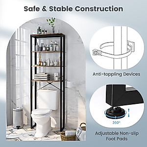 Giantex Over The Toilet Storage Rack, 4-Tier Wooden Bathroom Space Saver w/Metal Frame & 2 Hooks, Freestanding Above Toilet Storage Shelf w/Adjustable Feet, Black + Rustic Brown