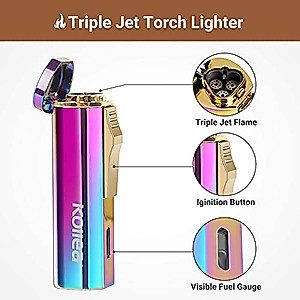 Kollea Torch Lighter, Triple Jet Butane Lighter Refillable Windproof Lighter, Rainbow Pocket Lighter with Adjustable Flame, Great Gift for Men for Birthday, Christmas (Butane Gas Not Included)