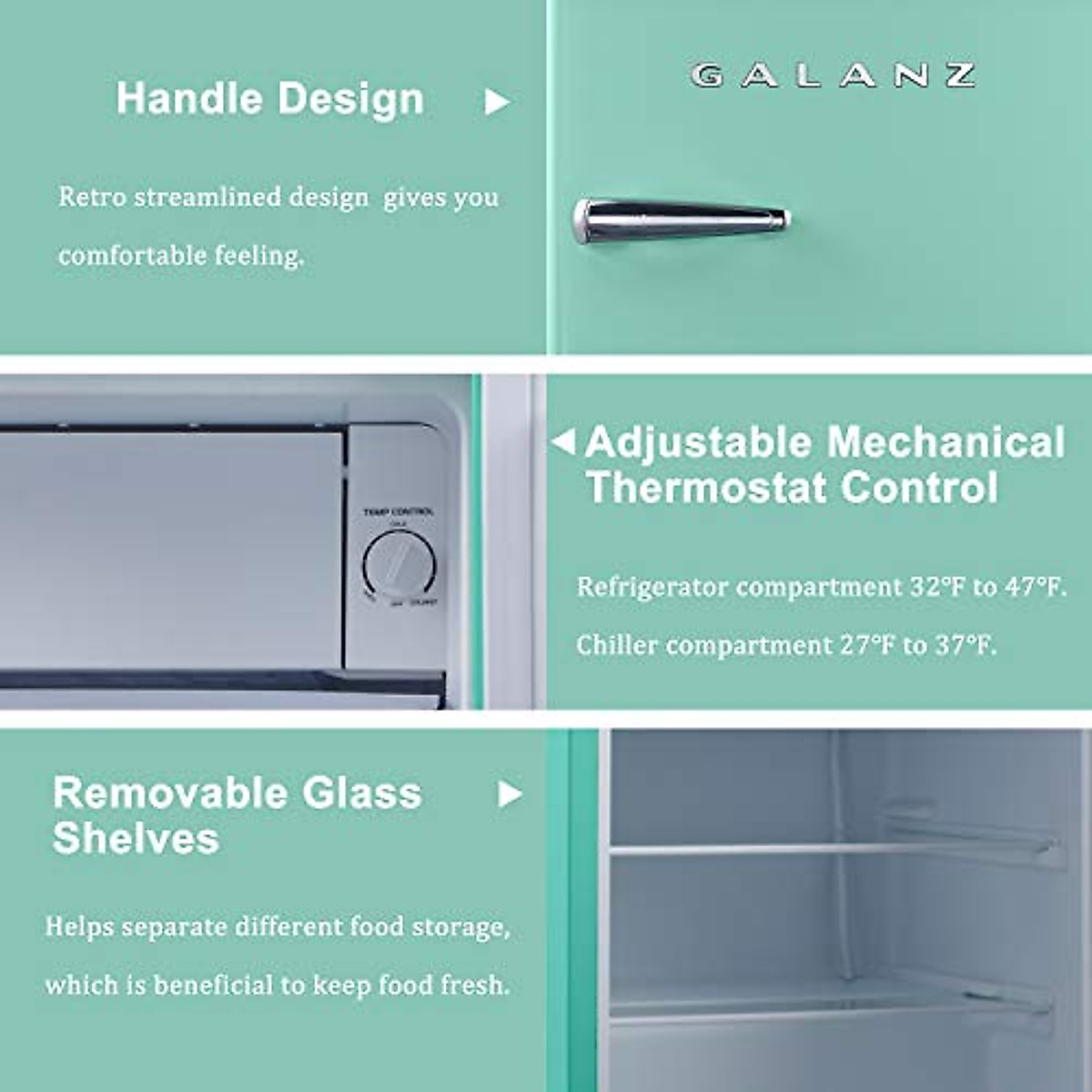 Galanz GLR25MGNR10 Retro Compact Refrigerator, Mini Fridge with Single Doors, Adjustable Mechanical Thermostat with Chiller, Green, 2.5 Cu Ft