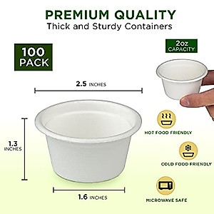 Fit Meal Prep [100 Pack] 2 Oz 100% Compostable Disposable Condiment Cups, Biodegradable Bagasse Fiber Souffle Portion Cups, Eco-Friendly Sample Cups for Tasting, Dip Sauce, Snack, Microwave Safe