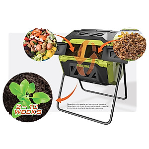 Sun Joe SJ-CMPS1 All-Season Outdoor Tumbling Composter, Dual Sliding Chamber, 42-Gallon, 2-10 Weeks, BPA-Free Material