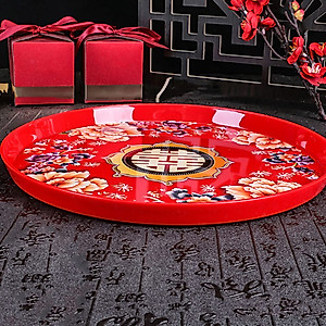 Cabilock Serving Platter Chinese Food Tray Red Wedding Serving Tray Fruit Plate Fruit Tray Snack Storage Holder for Home Kitchen and Wedding Snack Tray Round 13X2. 9inch Chinese Candy Boxes