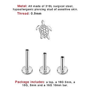 FANSING Turtle Nose Studs for Women Tortoise Nostril Earrings Stud Surgical Steel Silver Cartilage Conch Helix Tragus Piercing Jewelry with 16g 6mm 8mm 10mm Internally Threaded Posts