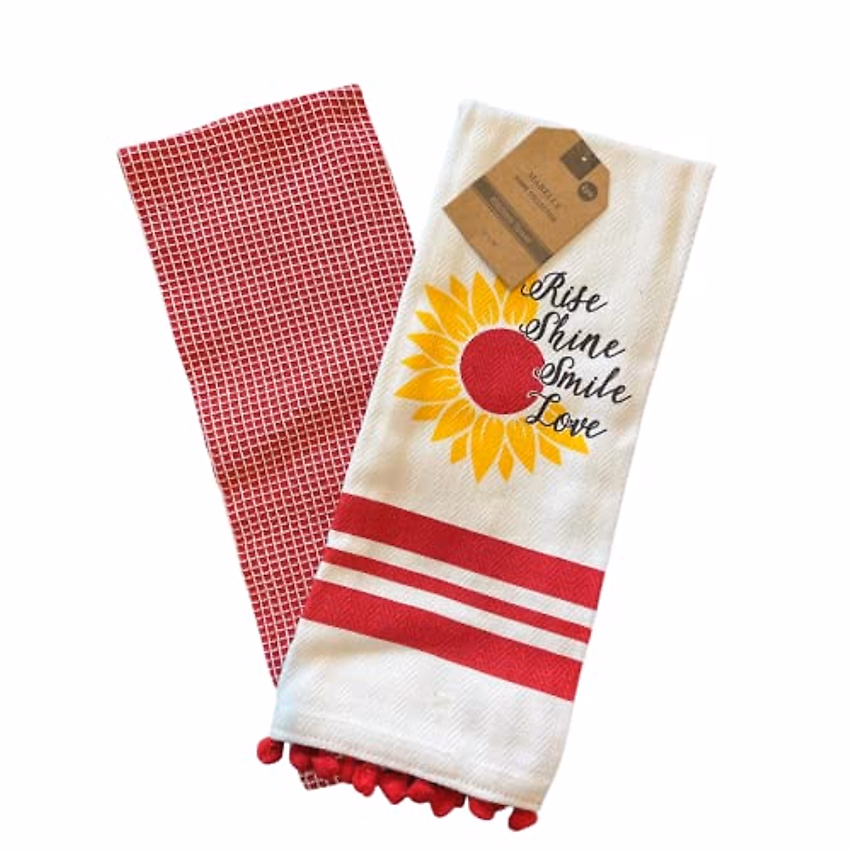 Lunch Money Set of 2 Sunflowers Themed Kitchen Towels Hand Towels Spring Towels - Sunflower Towel Rise Shine Smile Love and Matching Red Towel with White Stitching