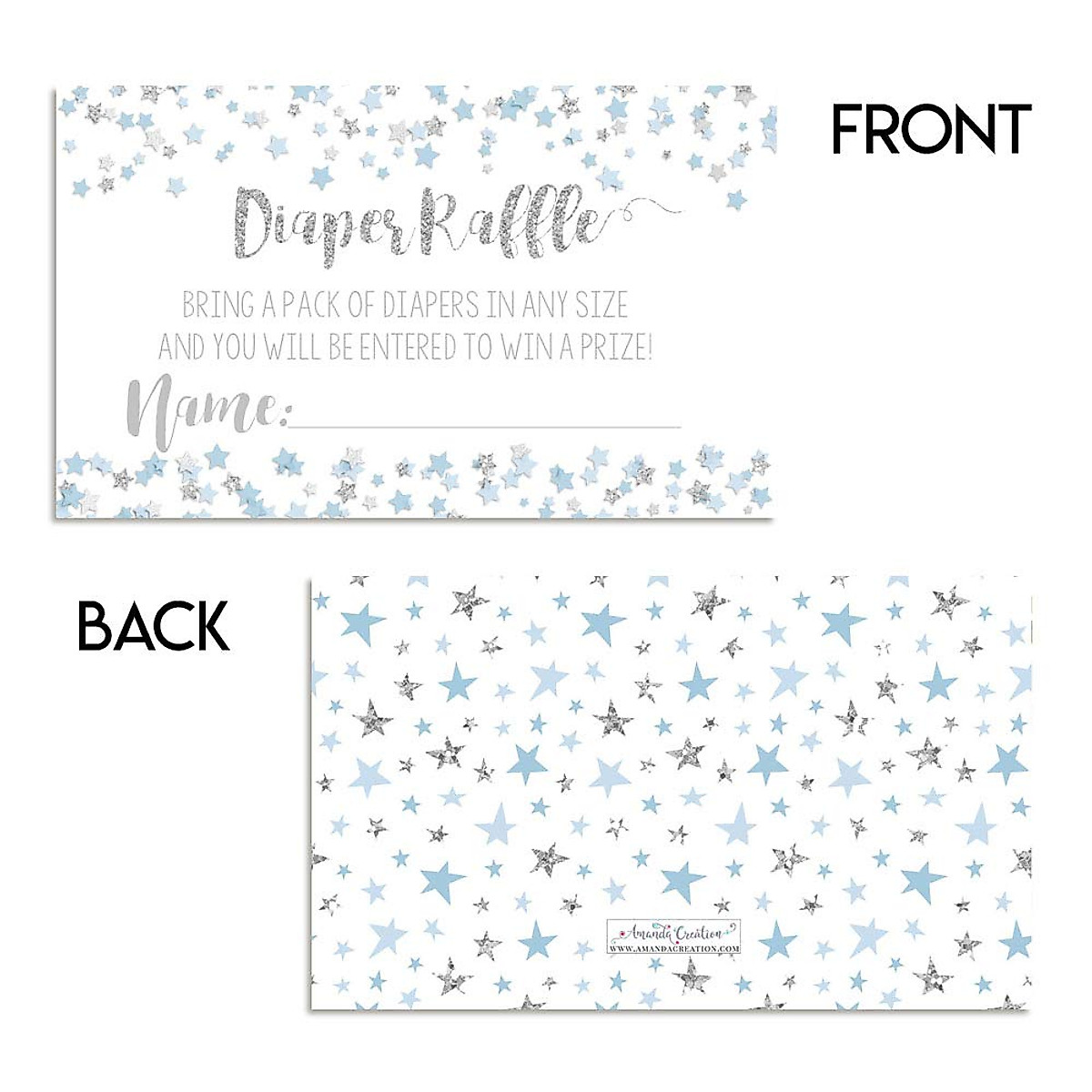 Amanda Creation Blue & Silver Twinkle Little Star Diaper Raffle Tickets for Boy Baby Showers, 20 2" X 3” Double Sided Inserts, Bring a Pack of Diapers to Win Favors & Prizes!