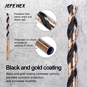 1/4" High Speed Steel Black & Gold Coated Drill Bit, Jobber Length with 3-Flat Shank, 135 Degree Split Point. Ideal for Steel, Wood and Plastics. Suitable for DIY & General Purpose Usage. (3 pcs)