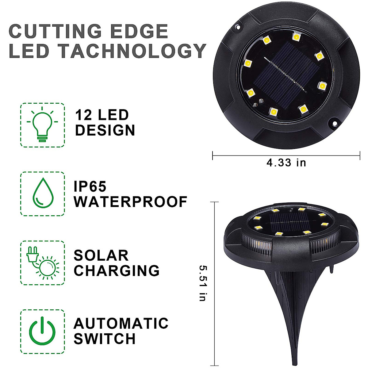 K.E.J. Solar Ground Lights Outdoor 12 Led Disk Lights Garden Lights Solar Powered Waterproof In-Ground Outdoor Landscape Lighting for Patio Pathway Lawn Yard Deck Driveway Walkway (12 Pack)