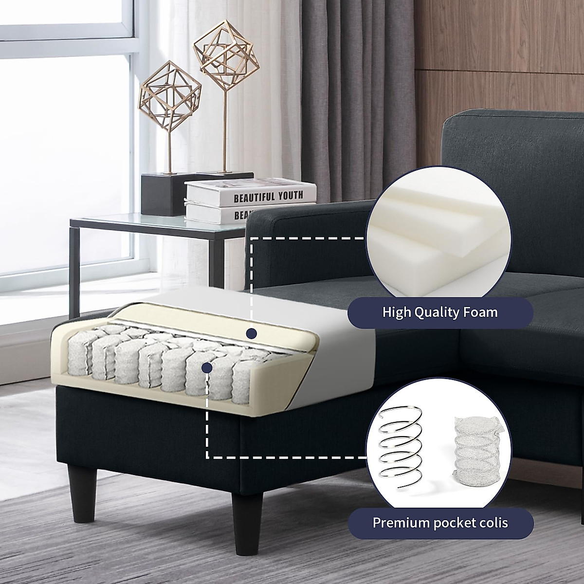 Zafly Convertible Sectional Sofa Couch with Movable Storage Ottoman Chaise, Living Room 3 Seat L-Shaped Sofá, Modern Linen Fabric Home Sofa -Dark Gray