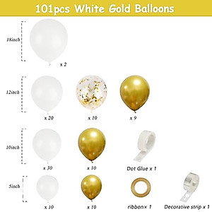 RUBFAC 104pcs Gold and White Balloons Garland Arch Kit with Gold Confetti Balloons for Baptism Wedding Birthday Party Decoration