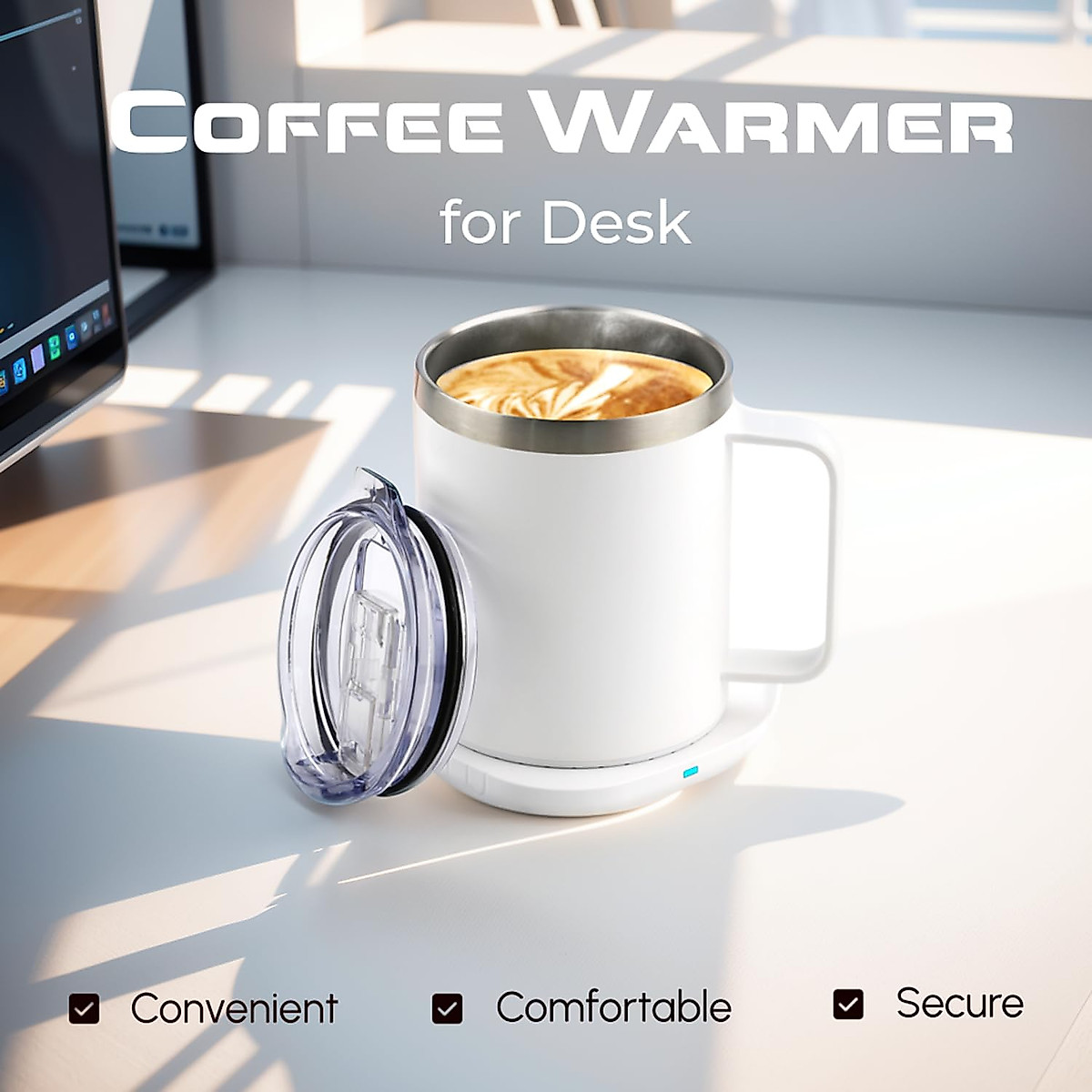 Self Heating Coffee Mug with Double-Layer 18/8 Stainless Steel,Coffee Mug Warmer Set,Fast Wireless Charger Includes,Heated Mug for Coffee (White 12oz)