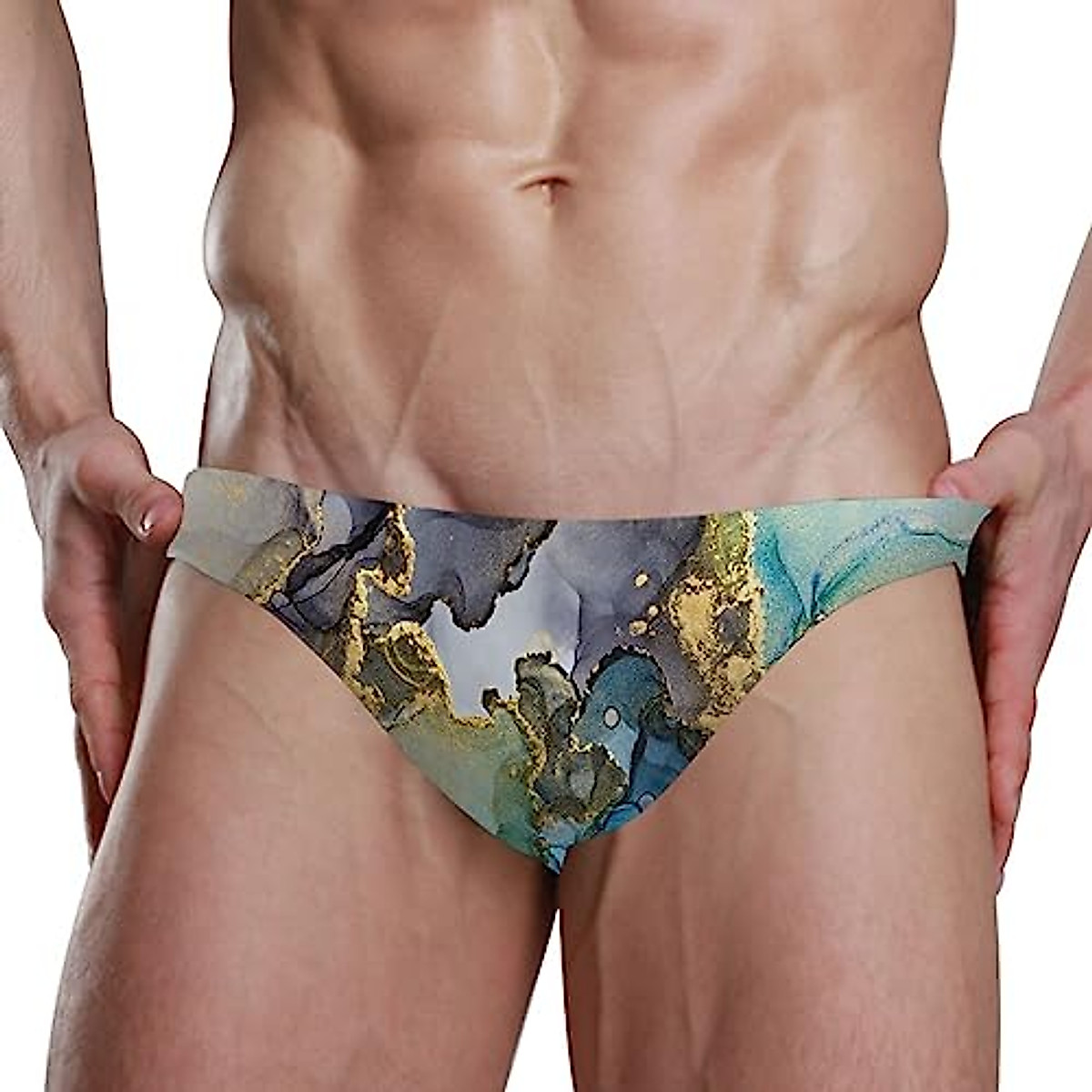 Mixed Blue, Grey, Golden Alcohol Ink Abstract Marble Texture Men's Boxer Brief, Sexy Swim Underwear Board Shorts Swimwear Hot Body Bikini Trunks Thong Swimsuit Bathing Suit for Sports(XXXL)