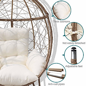 FKSLIFE Wicker Egg Chair with Stand Cushion Outdoor Indoor Lounger Egg Basket Chair for Living Room, Backyard, Balcony, Patio (Beige)