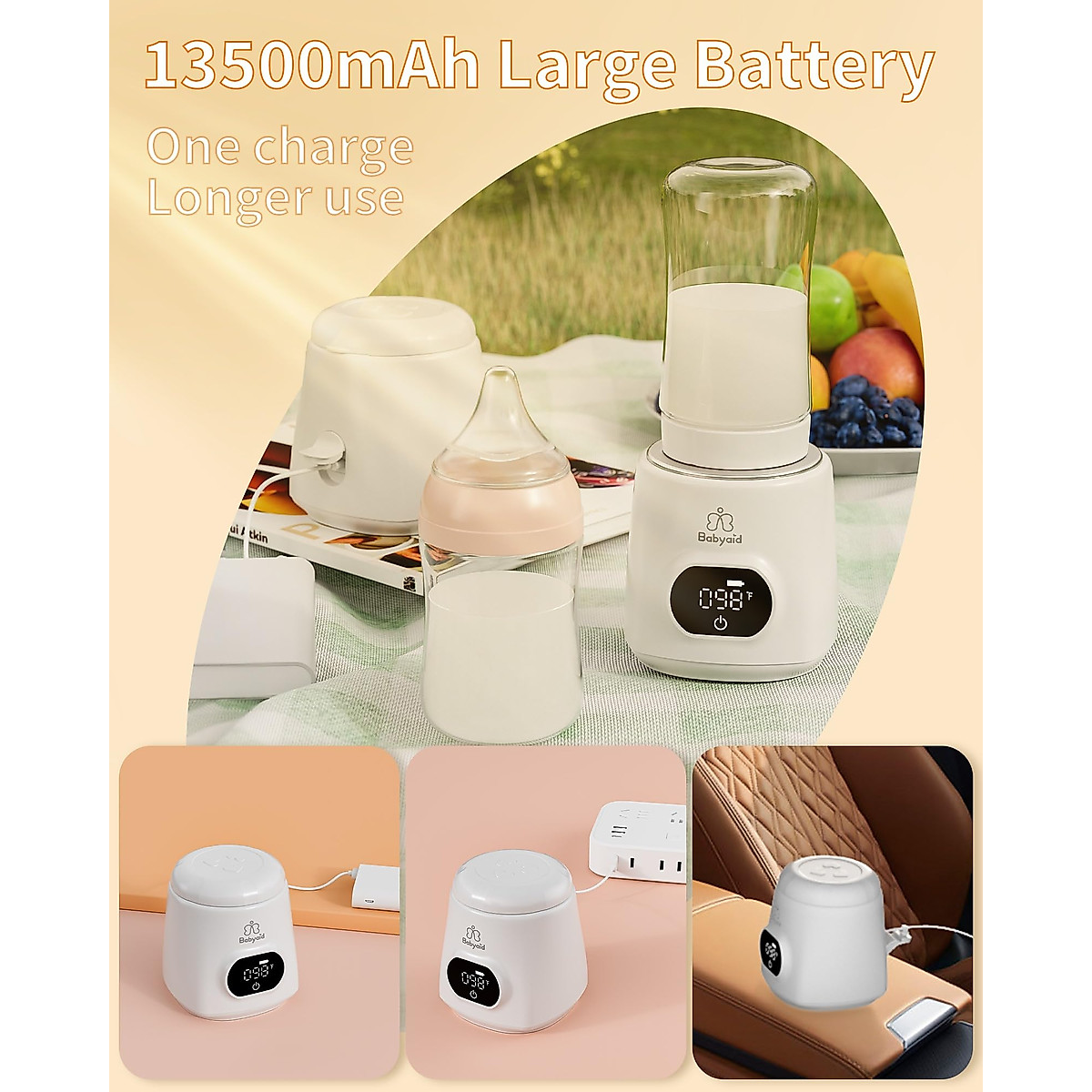 Babyaid Portable Bottle Warmer, Fast Heating Bottle Warmer with 4 Adapters, 4 Gears Temperature Smart Control Bottle Warmer, Cordless Trval Baby Bottle Warmer for Breastmilk or Formula, Pearl White