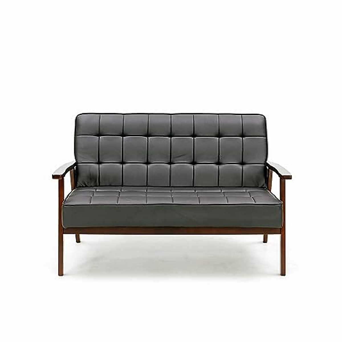 Panana 2 Seats Loveseat Sofa Couch Living Room Wood Frame Furniture, 2 Seater Sofa Armchair Two Seat Sofa Chair, Black Artificial Leather Upholstered Wooden Armrest Love Seats Small Sofa