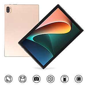 FECAMOS HD Tablet, Dual Camera US Plug 100‑240V Office Tablet Octa Core 5G WiFi 10.1 Inch IPS for Family (Gold)