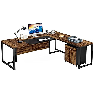 LITTLE TREE 70.8 Inches Executive Office Desk with File Cabinet, Large L Shaped Executive Desk with Storage Cabinet, Modern Office Desk with Drawers for Home Office(Rustic Brown Black)