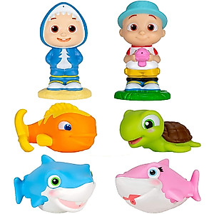 CoComelon Water Squirter Toys for Pool & Bath, 6-Pack - Officially Licensed - JJ, Baby Shark, Turtle, Fish Figure Playset - Easter Basket Stuffer Gift for Toddlers, Preschoolers, Kids - 18mo+