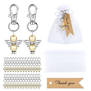 GWHOLE 30 Set of Angel Keychain with Organza Gift Bags and Thank You Favor Tags Guest Return Gift for Baby Shower Baptism Favors Wedding Bridal Birthday Party Favors, Beige