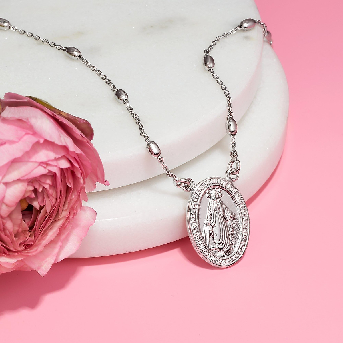 Ross-Simons Italian Sterling Silver Miraculous Medal Bead Station Necklace. 16 inches