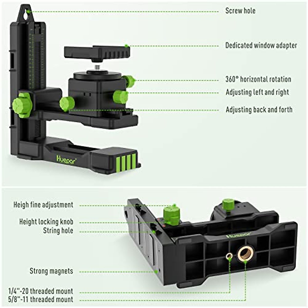 Huepar Fine-tuning Bracket Laser Level Mount, Multifunctional Magnetic Pivoting Base, 360° Rotation - alternative to a standard 1/4" and 5/8" thread & Height Adjustment-PV11