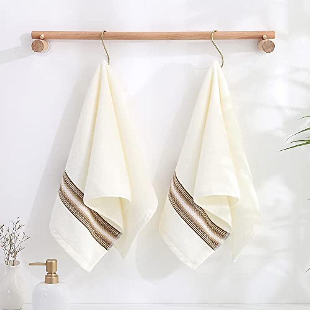 YiLUOMO Hand Towel Set of 2 Super Soft 100% Cotton Highly Absorbent Decorative Textured Striped Hand Towels for Bathroom 13 x 29 Inch (Beige)