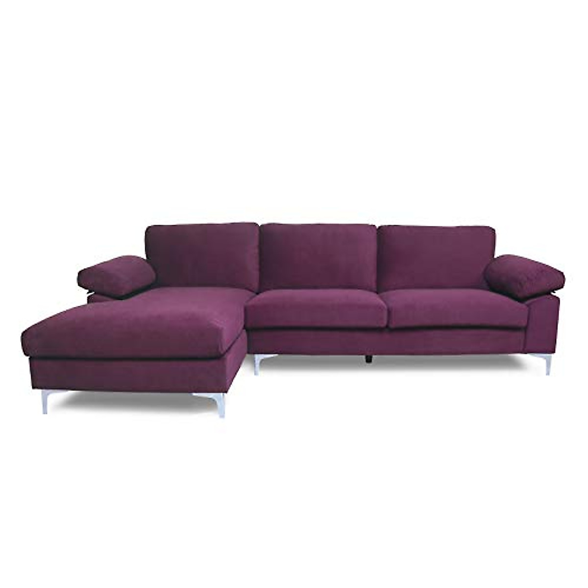ERYE Soft Velvet Sofa with Left Lounge Chaise, L-Shaped Corner Upholstered Couch W/Pillow-Top Armrest & Silver Metal Legs for Living Room Furniture Sets Sectional, Purple 103.5" W