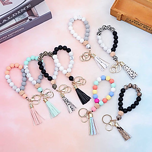 BAOSIWA Silicone Key Ring Bracelet Wristlet Keychain Leopard Beaded Bangle Key Chains for Women with Leather Tassel