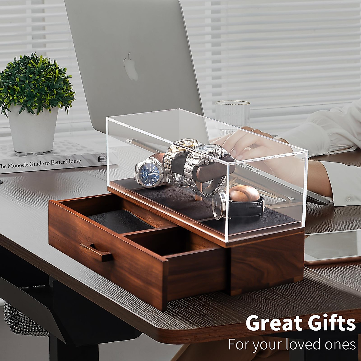 LOCDION Mens Watch Case Jewelry Box, Walnut Wood Watch Box Organizer with Drawer, Wooden Watch Holder Organizer for Men, Ideal Watch Display Case Gift for Father Husband Fiance Man Gifts for Father