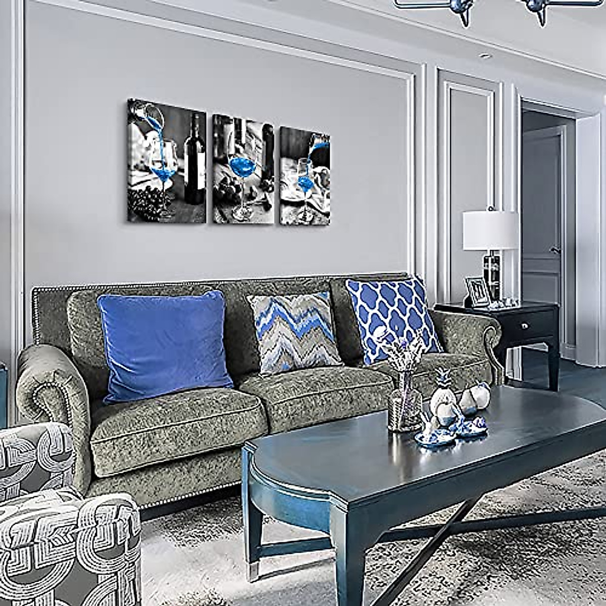 Canvas Wall Art For Kitchen Wall Decor For Dining Room Black And White Wine Glasses Painting Modern Blue Wine Canvas Art Prints Ready To Hang Pictures For Restaurant Home Decorations 12"X16" 3 Pieces