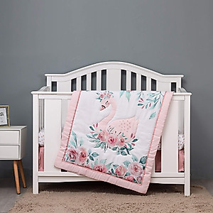 CribMATE 4 PCs Pink Rose Swan Nursery Crib Bedding Set Baby Girl Floral Swan Themed Cot Bedding Set 1 Quilt 1 Skirt 1 Fitted Sheet 1 Window Valance, Pink White, 28 X 52