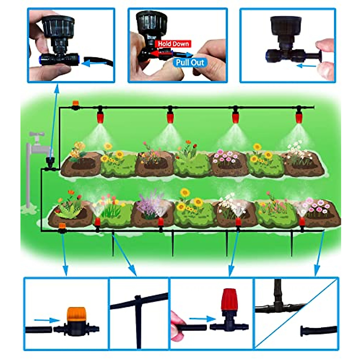 AWOWZ 59FT/18M Drip Irrigation Kits, 1/4"Drip Tubing and Two-Ways Connector, All-in-one Misters, DIY Saving Water Automatic Mist Irrigation System for Lawn, Garden, Greenhouse, Livestock Farm