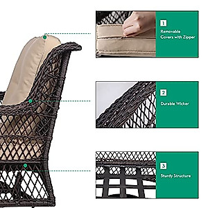 VIVIJASON 3-Piece Patio Wicker Conversation Bistro Set Cushioned, Outdoor Glider Swivel Rocking Chairs Rattan Furniture Sets with Thickened Cushion and Glass-Top Coffee Table, Beige Cushion