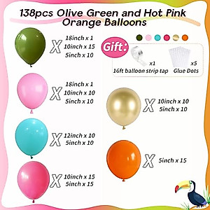 138pcs Flamingo Tropical Luau Balloons Arch Garland Kit, Olive Green and Hot Pink Orange Gold Hawaiian Balloons for Kids Summer Beach Aloha Pool Birthday Baby Shower Party Decorations Supplies
