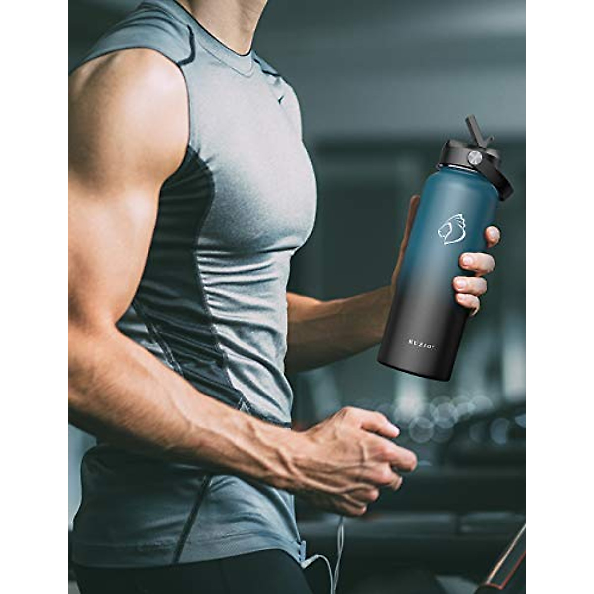 BUZIO Water Bottle with Straw Lid and Flex Cap, 40oz Modern Double Vacuum Stainless Steel Water Flask, Cold for 48 Hrs Hot for 24 Hrs Simple Thermo Canteen Mug, Indigo Black